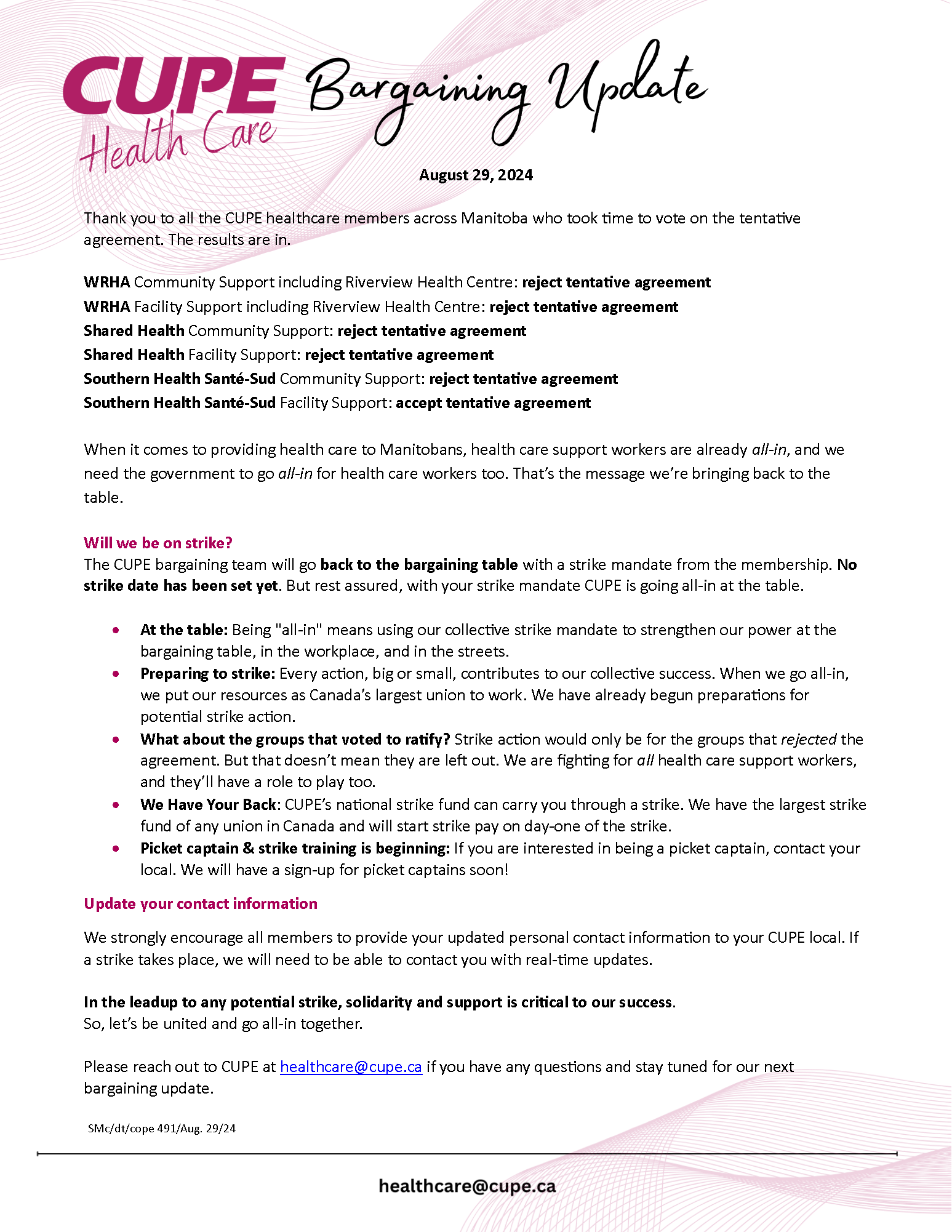 CUPE Health Care Bargaining Update - August 29, 2024 - CUPE Manitoba
